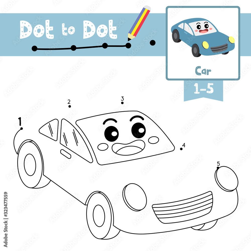 Dot to dot educational game and Coloring book Car cartoon character ...