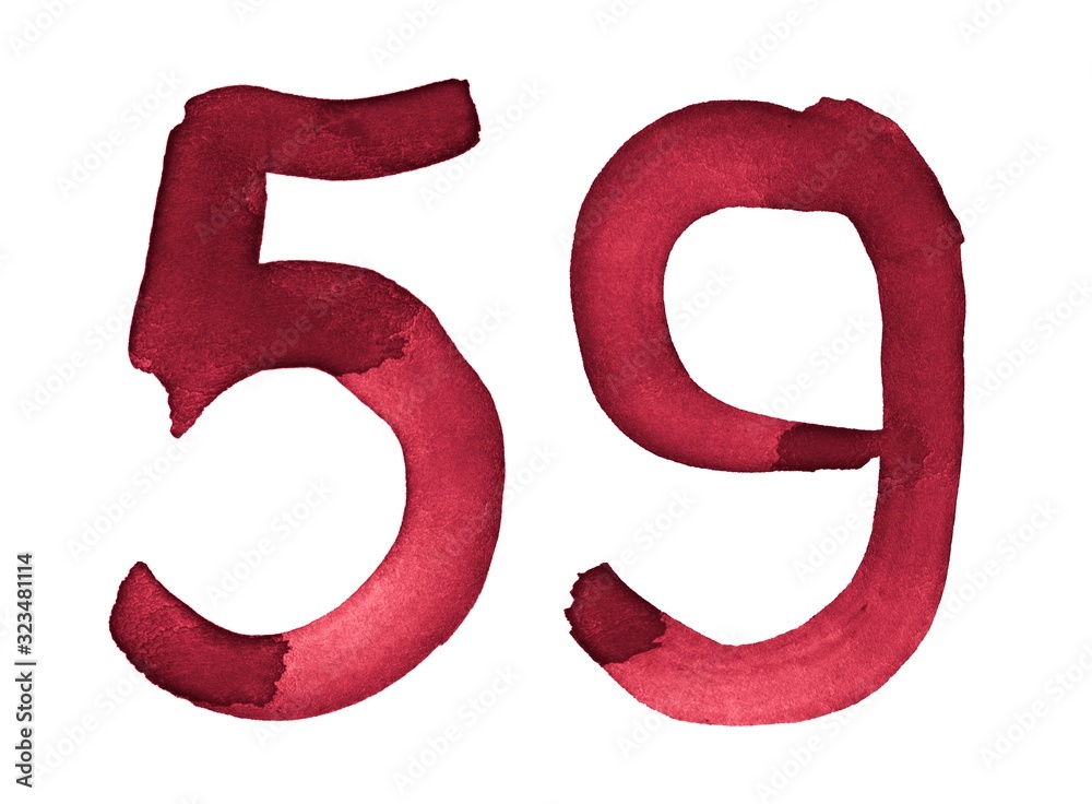 Watercolor numbers, hand-drawn by brush. Burgundy vintage symbol ...