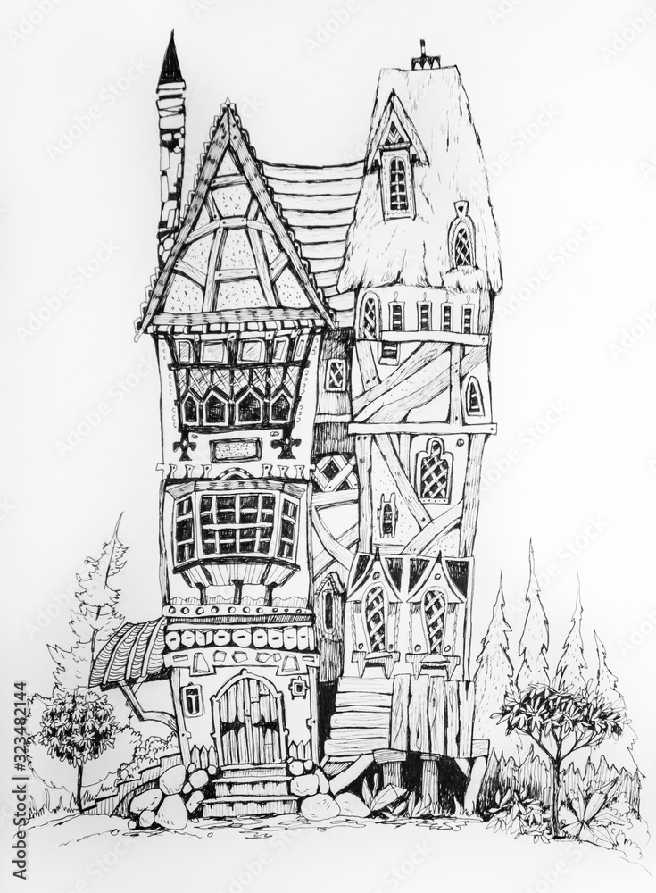 Collection of ink drawing houses for concept art inspiration. Magic ...