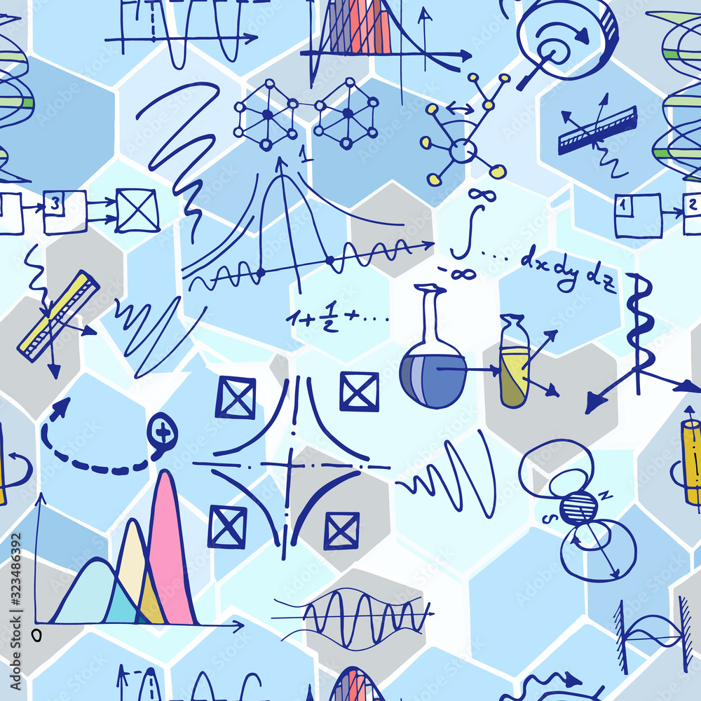 Abstract science illustration with decorative formulas and graphs. Hand ...