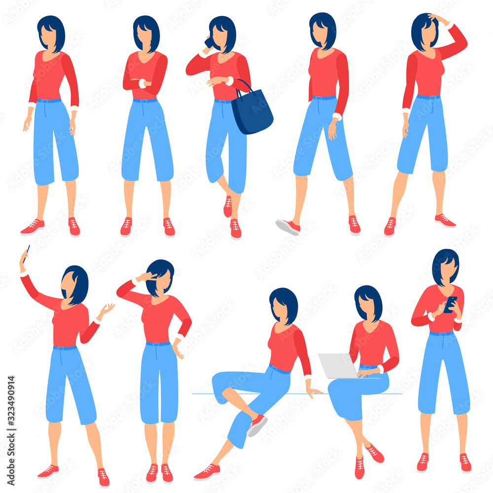 Flat design vector collection ready to animation young womwn poses and ...