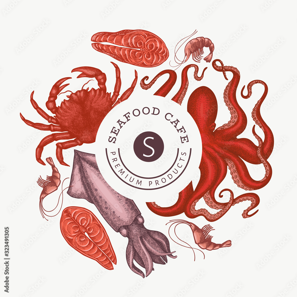 Seafood design template. Hand drawn vector seafood illustration ...