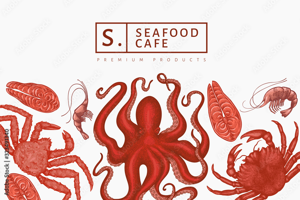 Seafood design template. Hand drawn vector seafood illustration ...