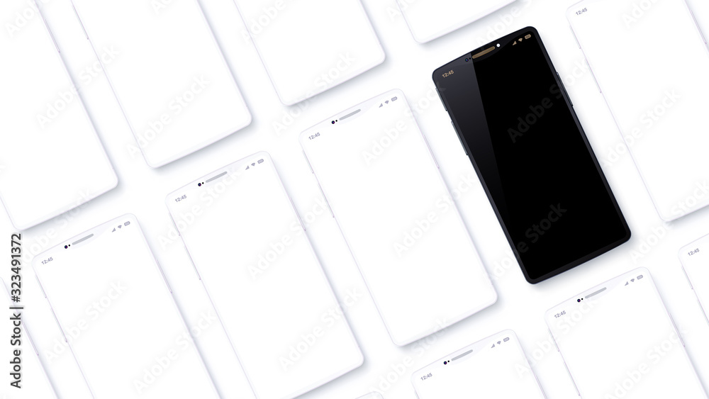 Rows of mobile phones are placed at an angle to the point of view ...