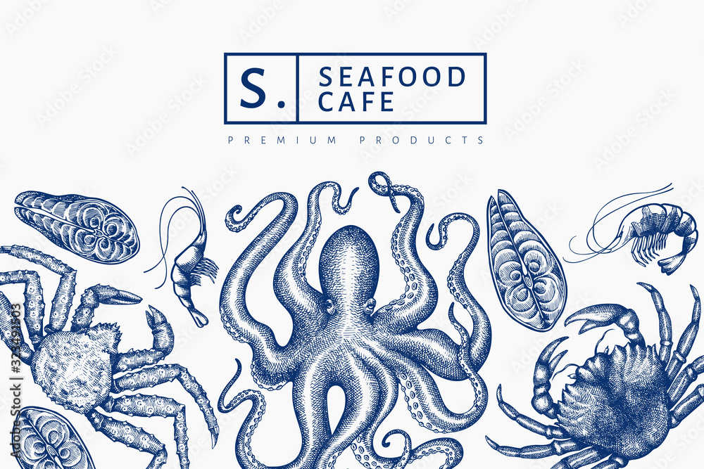Seafood design template. Hand drawn vector seafood illustration ...