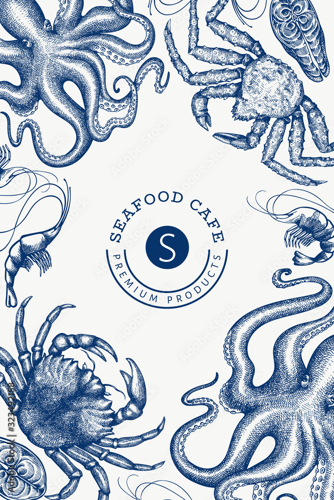 Seafood design template. Hand drawn vector seafood illustration ...