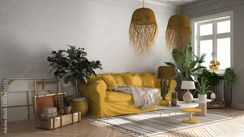 Vintage, old style living room in yellow tones, Sofa, carpet, pillows ...