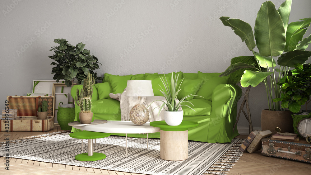 Vintage, old style living room in green tones, Sofa, carpet, and ...