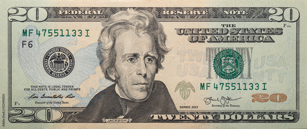 Closeup of front side of 20 dollar banknote Stock Photo | Adobe Stock