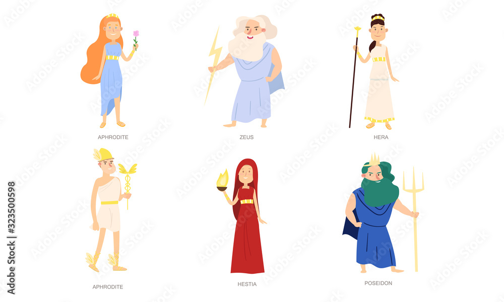 Greek gods and goddesses in special traditional costumes vector ...