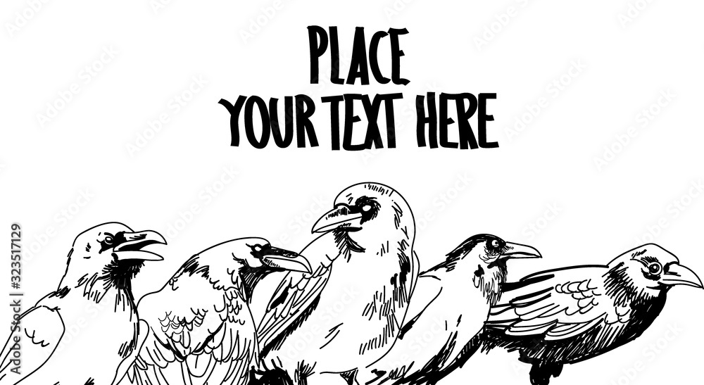 Background with crows. Drawing by hand in vintage style. Crows are ...