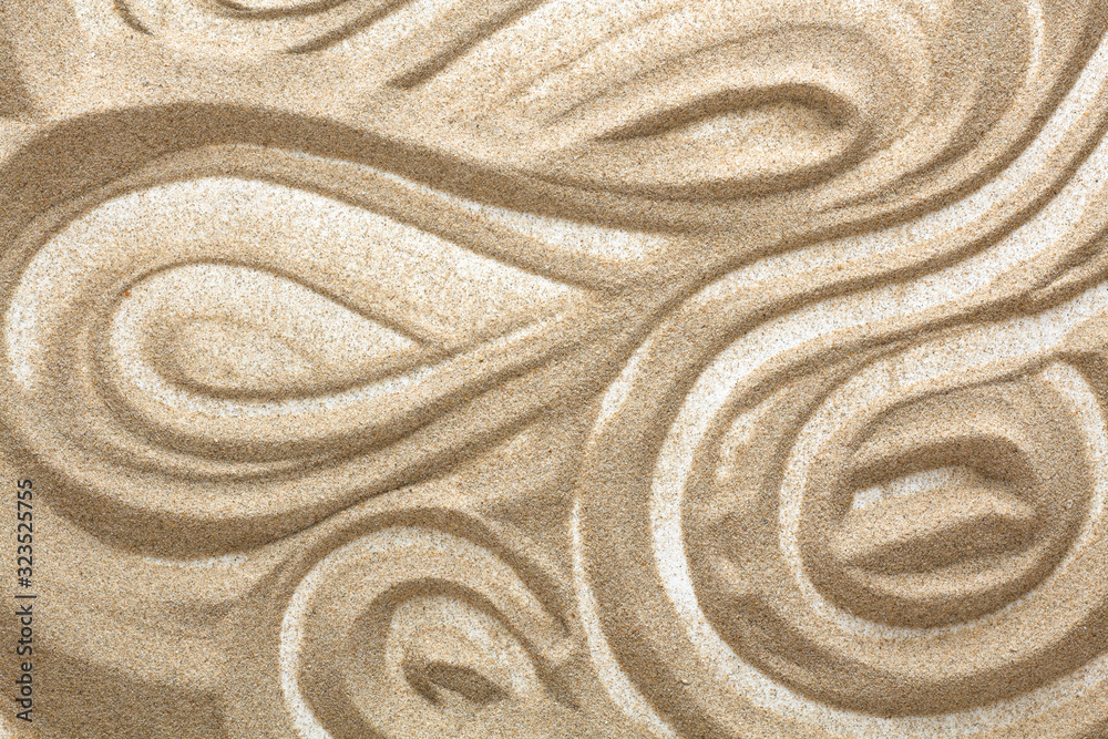 Drawings in the sand. Art therapy. Pattern of sand. Flat lay top view ...