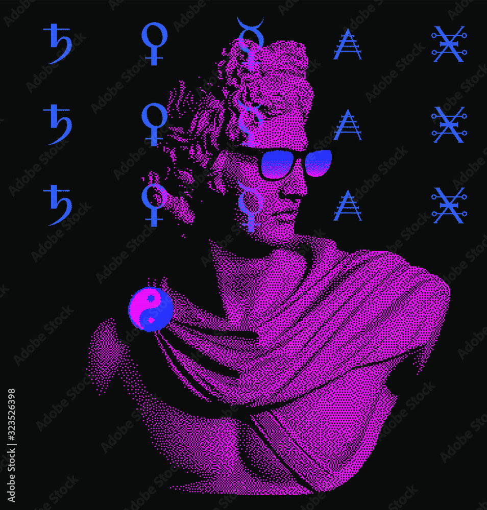 Pixel art ilustration with marble sculpture, Apollo Belvedere bust in ...