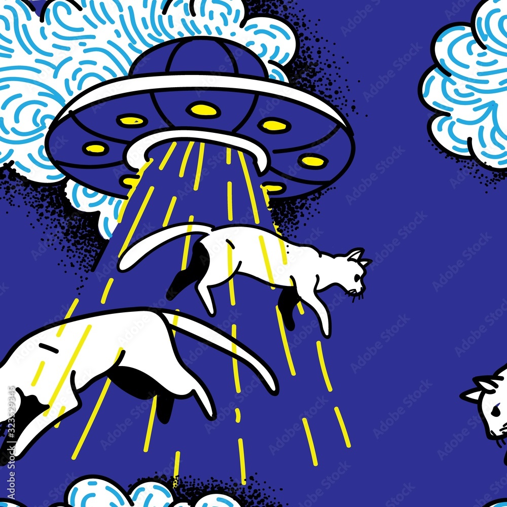 UFO kidnaps cats. Cats fly in the air. Funny drawing by hand. seamless ...