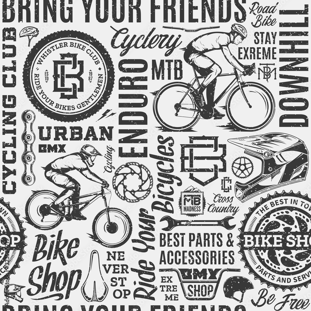 Retro styled vector black and white typographic bicycle seamless ...