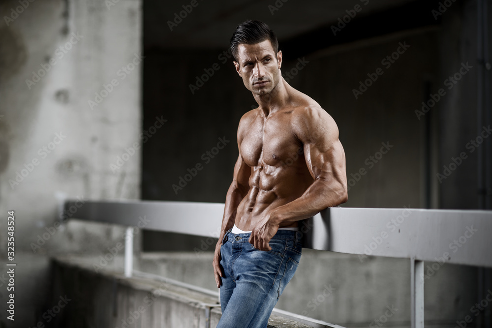 Handsome Shirtless Muscular Men in Jeans Posing Outdoors Stock Photo ...