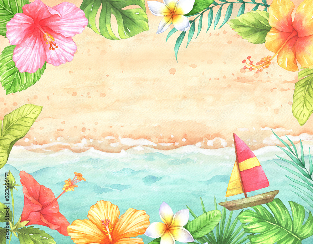 summer on the beach theme frame border. Hibiscus, plumeria, tropical ...