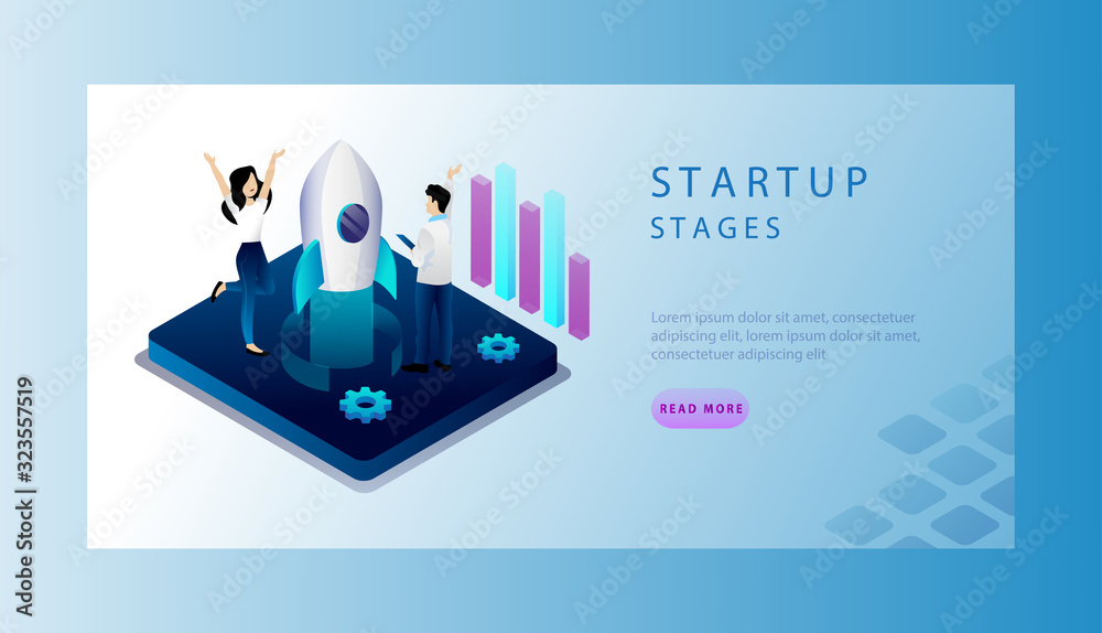 Isometric Concept Of Startup Stages, New Business Ideas With Tiny ...