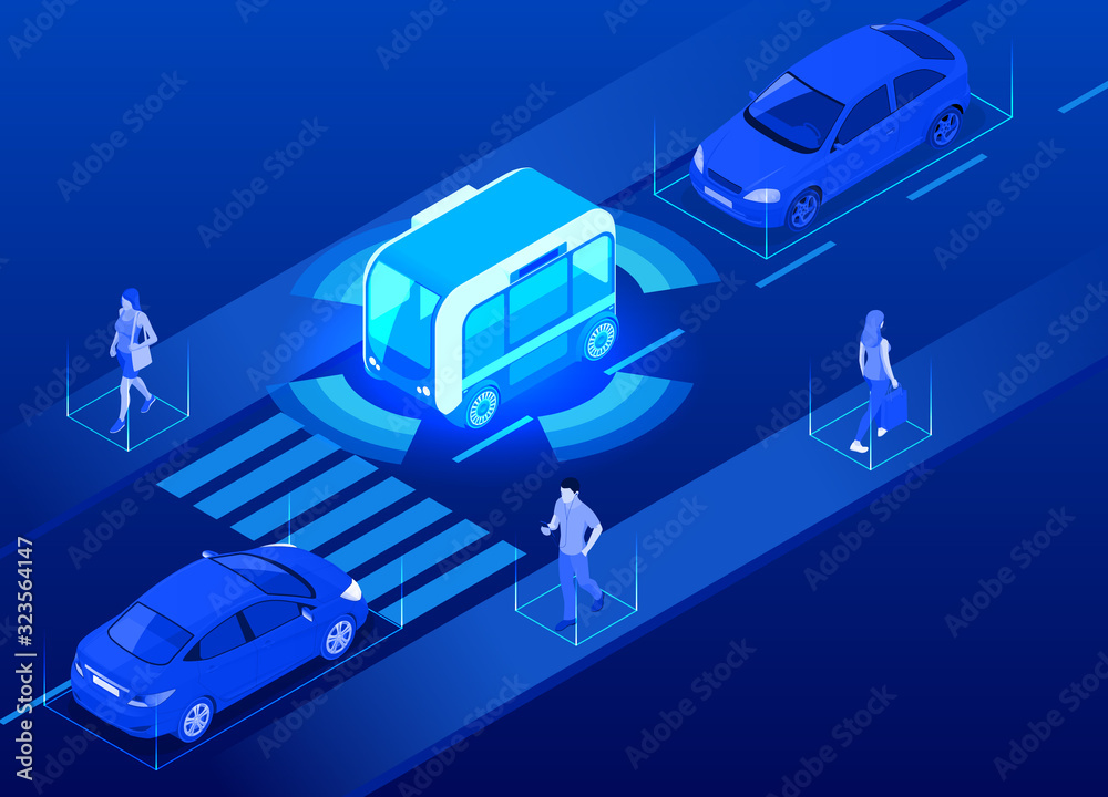 Isometric Unmanned Shuttle Bus. Automated self-driving vehicle system ...