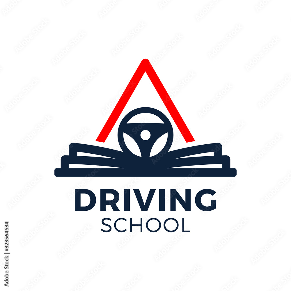 Driving school vector logo. Book, car wheel, road sign and college logo ...