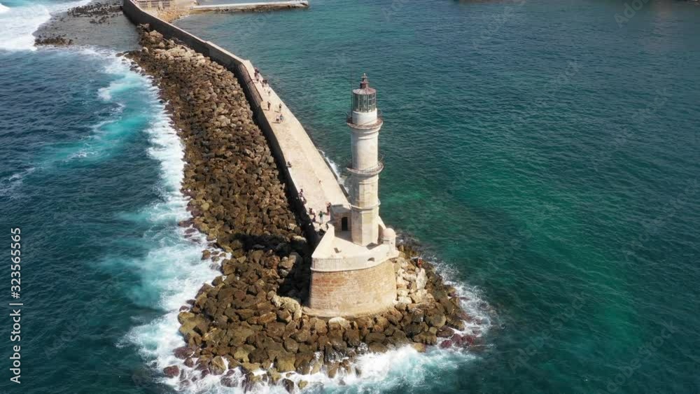 Aerial drone video of iconic Venetian lighthouse in the entrance of ...