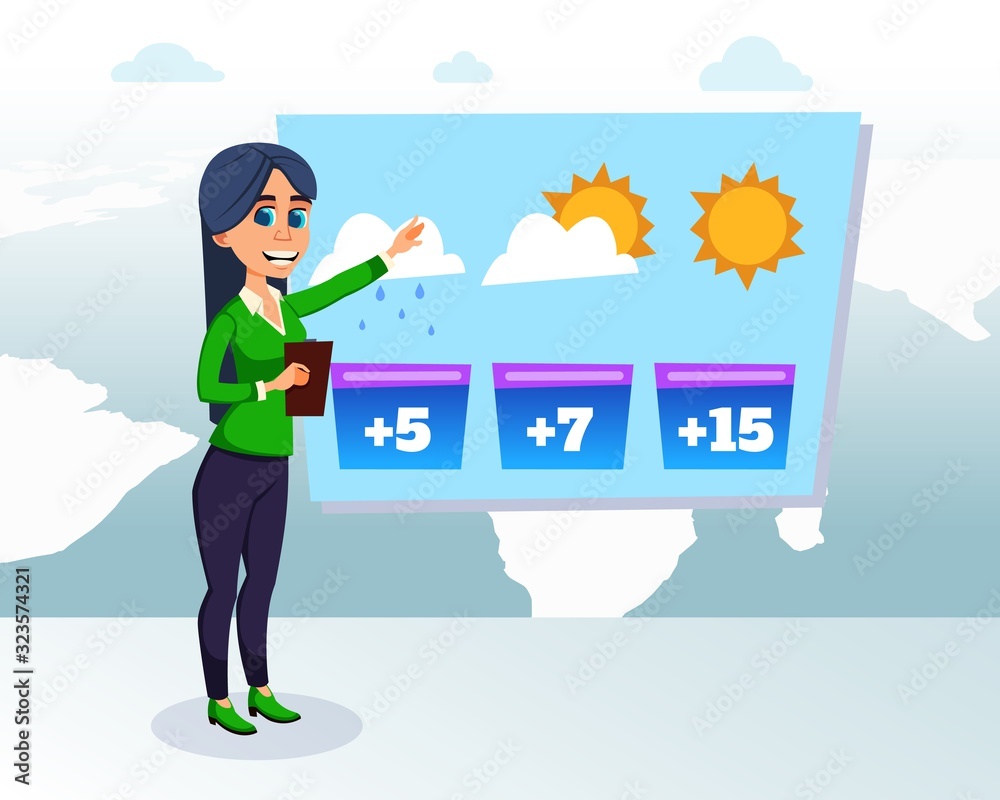 Female TV Weather Forecast Presenter Character. Studio Interior ...