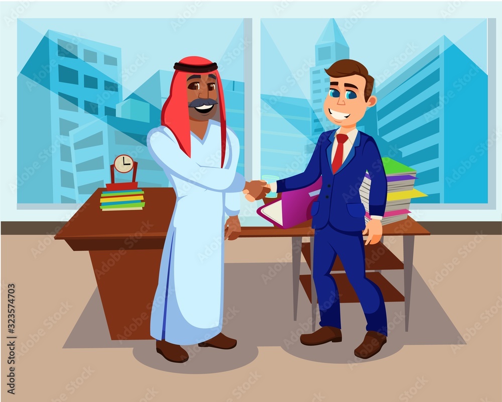 Cartoon International Businessman Partners Characters Handshaking ...