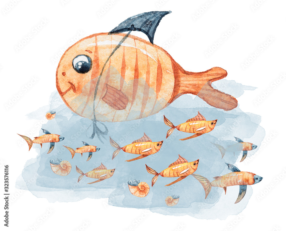 Watercolor hand painted cute fish. Cartoon fantasy world illustration ...