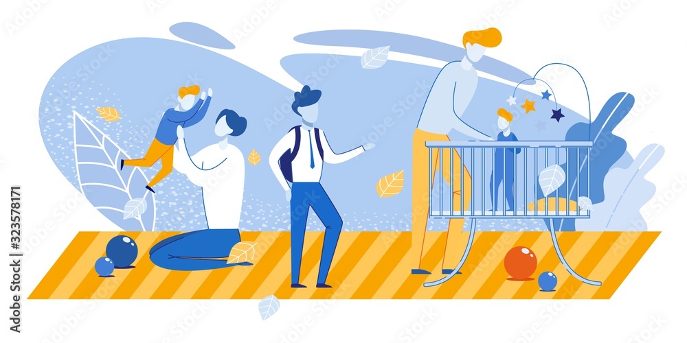 Cartoon Big Happy Family Rest at Home. Parents and Three Children ...