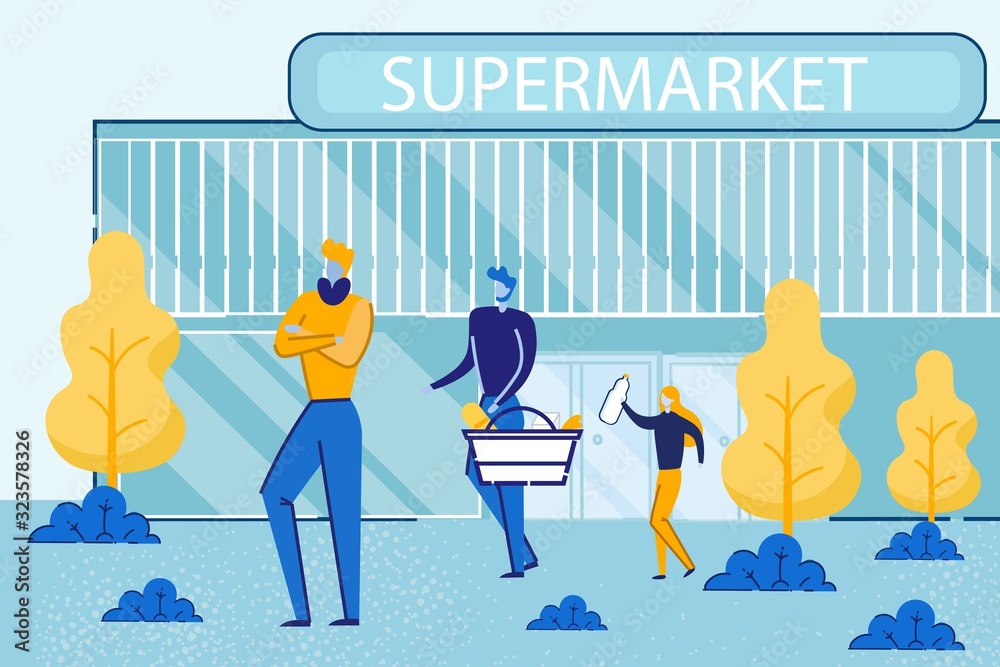 Daughter and Father Leaving Supermarket. Dad Holding Shopping Cart with ...