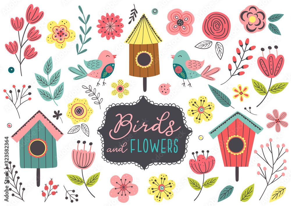 set of isolated spring birds and flowers - vector illustration, eps ...