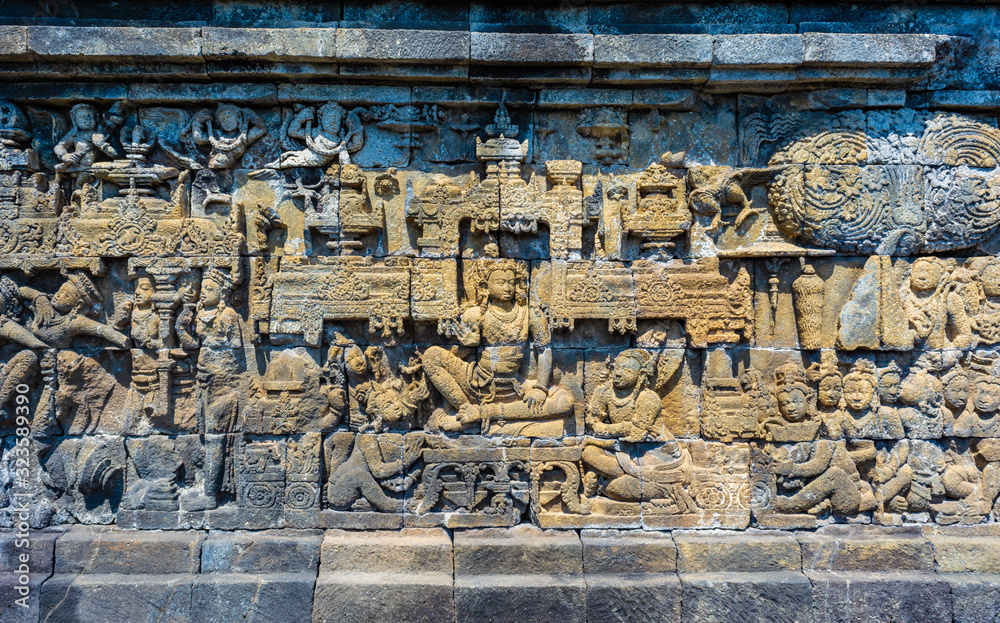 Stone carvings in Borobudur Temple, Magelang, Central Java, Indonesia ...