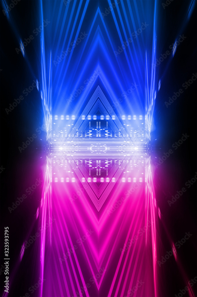 Abstract dark neon background with rays and lines. Blue and pink ...