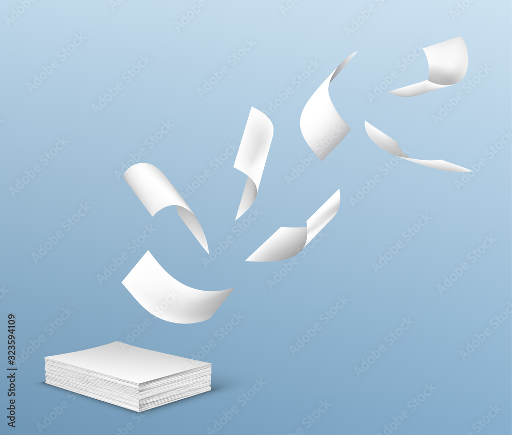 Flying white paper sheets from stack of documents. Vector realistic ...
