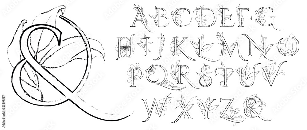 Line art alphabet with flowers and leaves. Romantic floral font. Hand ...