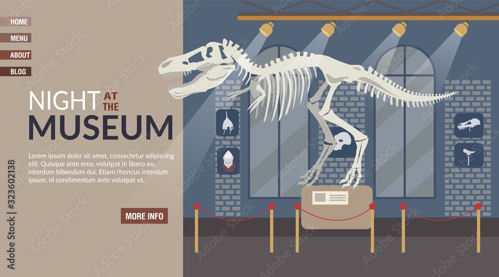 Landing Page Inviting to Cultural Event. Night at Museum. Dinosaur ...