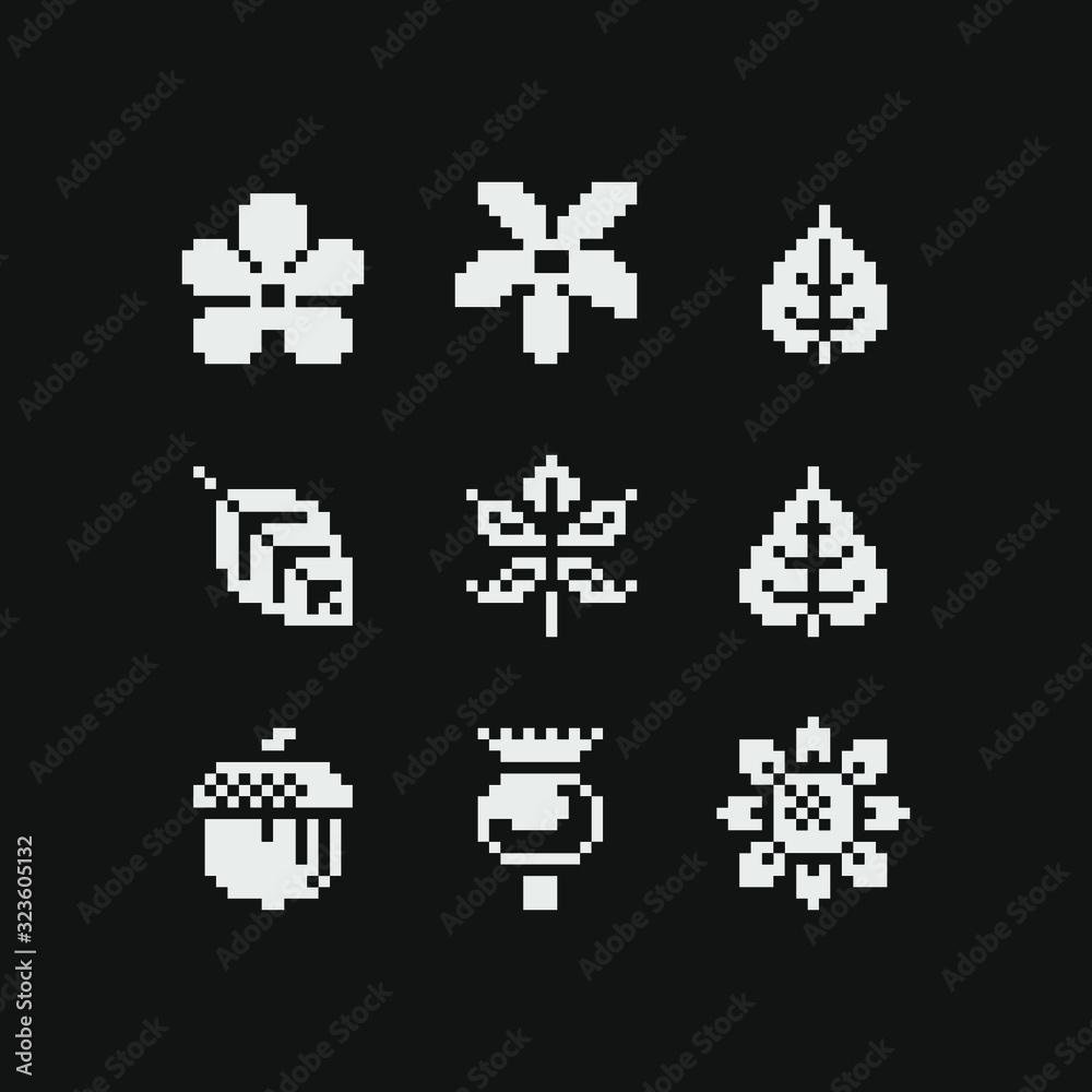 Leaves nature pixel art icons set, plants, design for logo, sticker ...