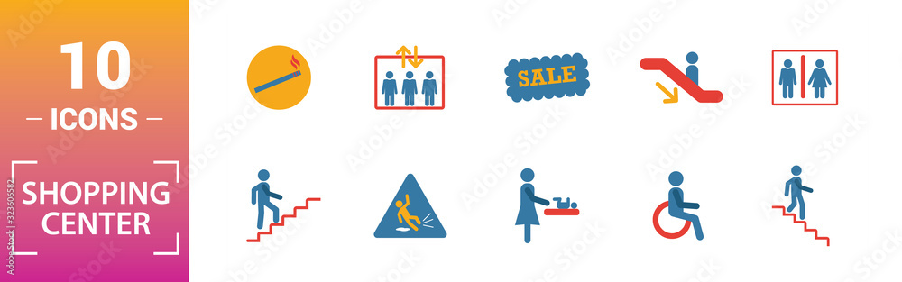 Shopping Center Icons icon set. Include creative elements stairway up ...