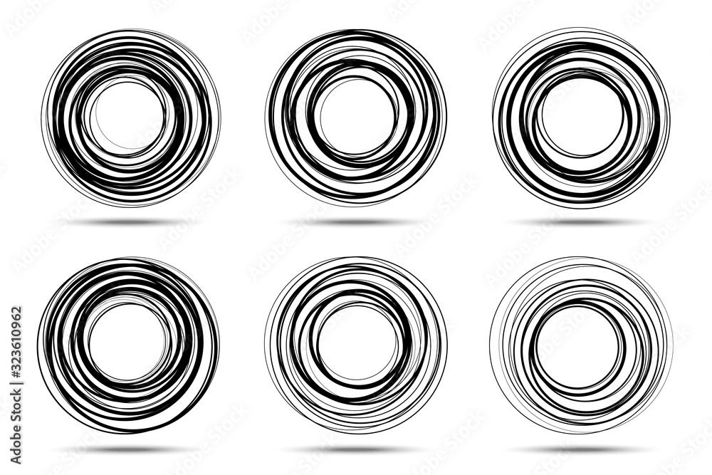 Vetor de Circle spiral frame set. Scribble line rounds. Doodle circular ...