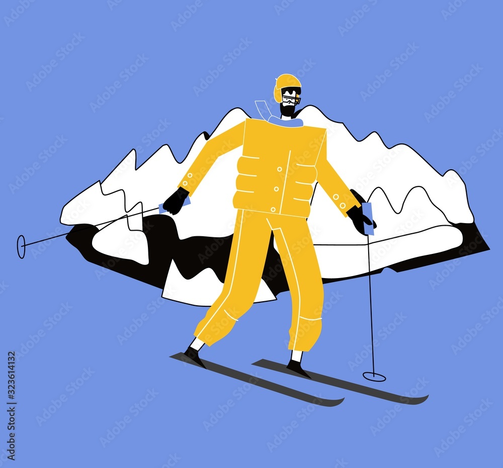 Smiling cartoon skier in motion isolated on white background. Mountain ...