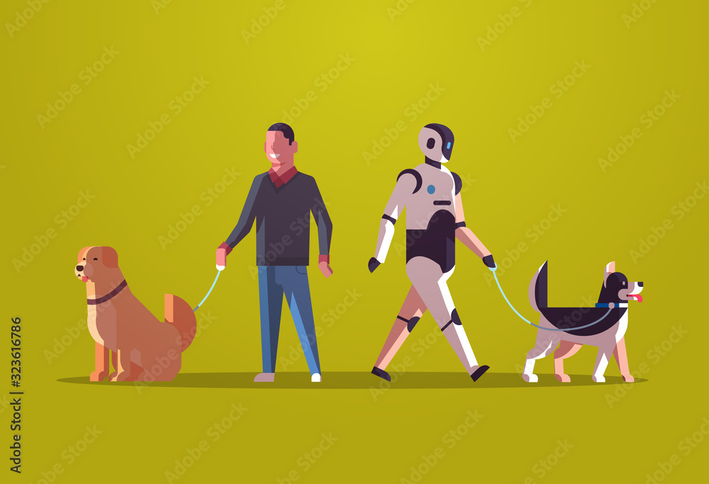 robotic character and man walking with dogs robot vs human standing ...