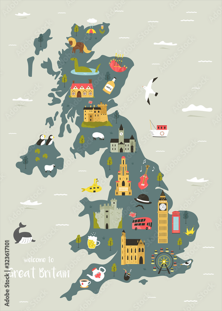 Vector map of Great Britain with famous symbols Stock Vector | Adobe Stock