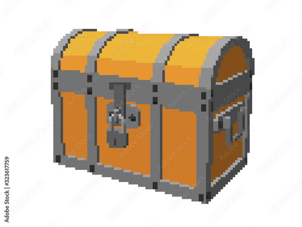 Pixelated Closed treasure vintage wooden chest. Pixel Art. 3d Vector ...