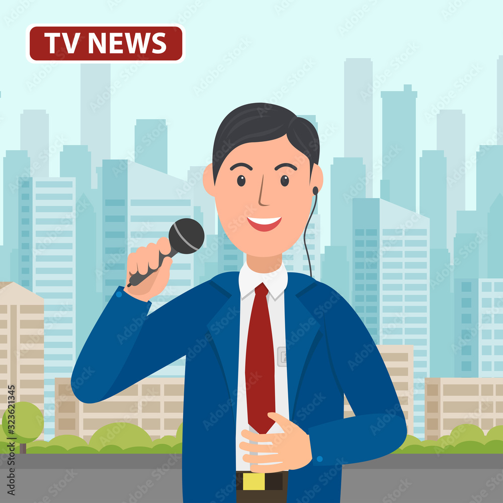 TV Presenter News Channel with Microphone in Hand. Reporter Speak into ...