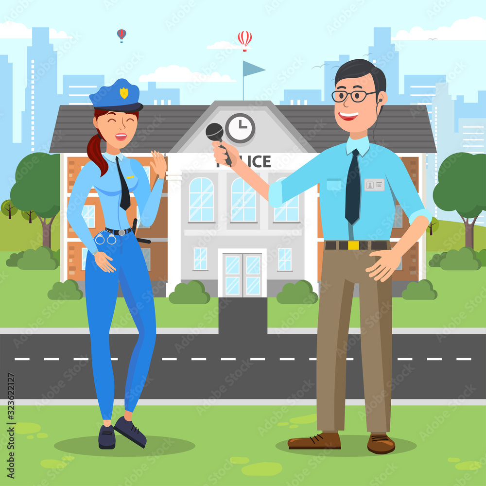 Man Reporter Interviews Woman Policeman. Police Building. Police ...