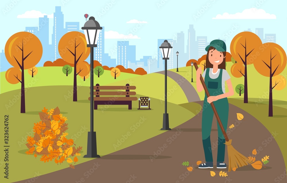 Woman Janitor Sweeping and Cleaning Road from Leaves with Broom in ...