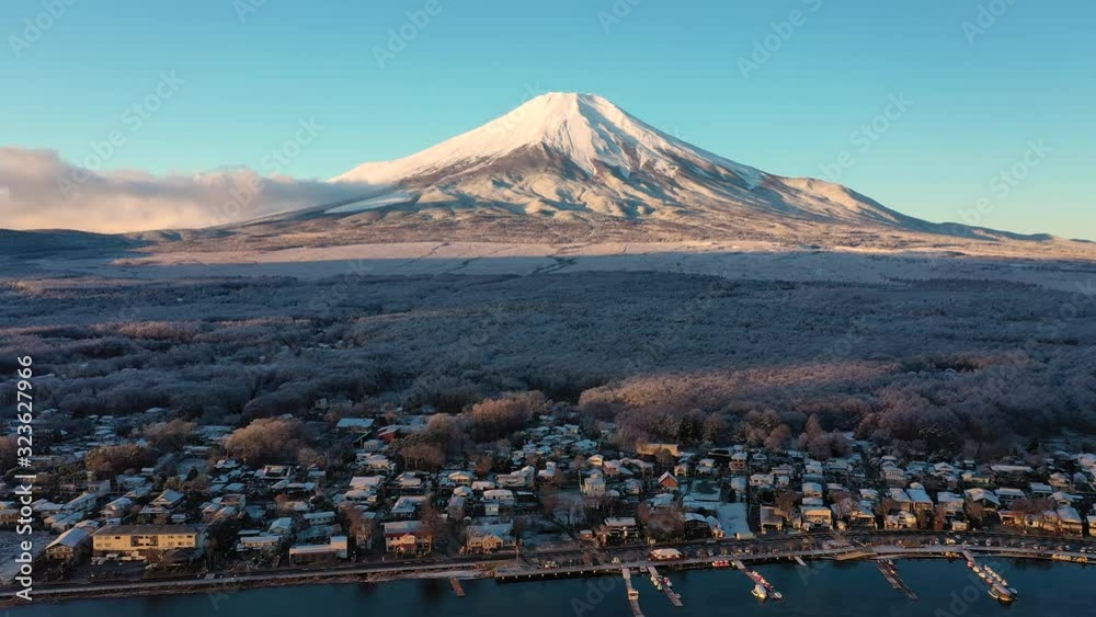 Aerial view of Mount Fuji in winter, iconic snow-capped symbol of Japan ...