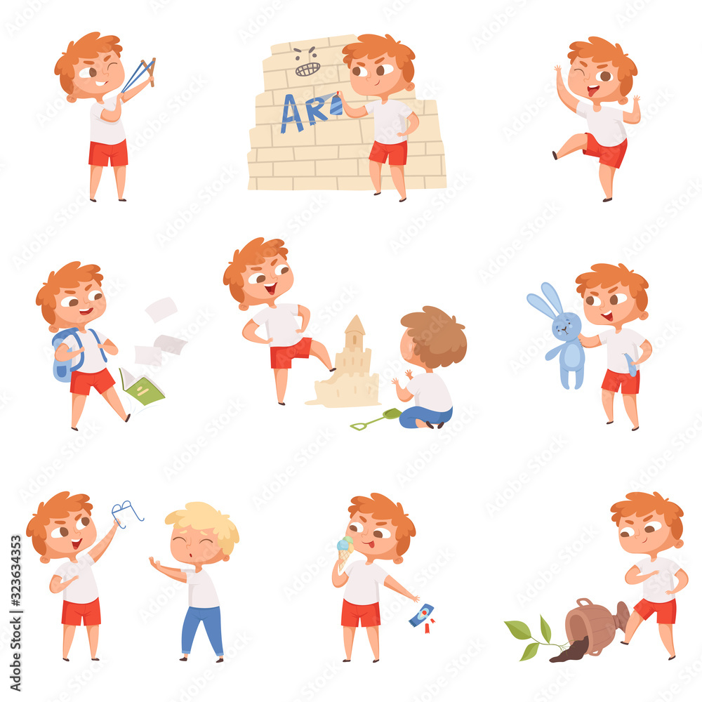 Bad behavior kids. School sad boys and girls angry devil little persons ...