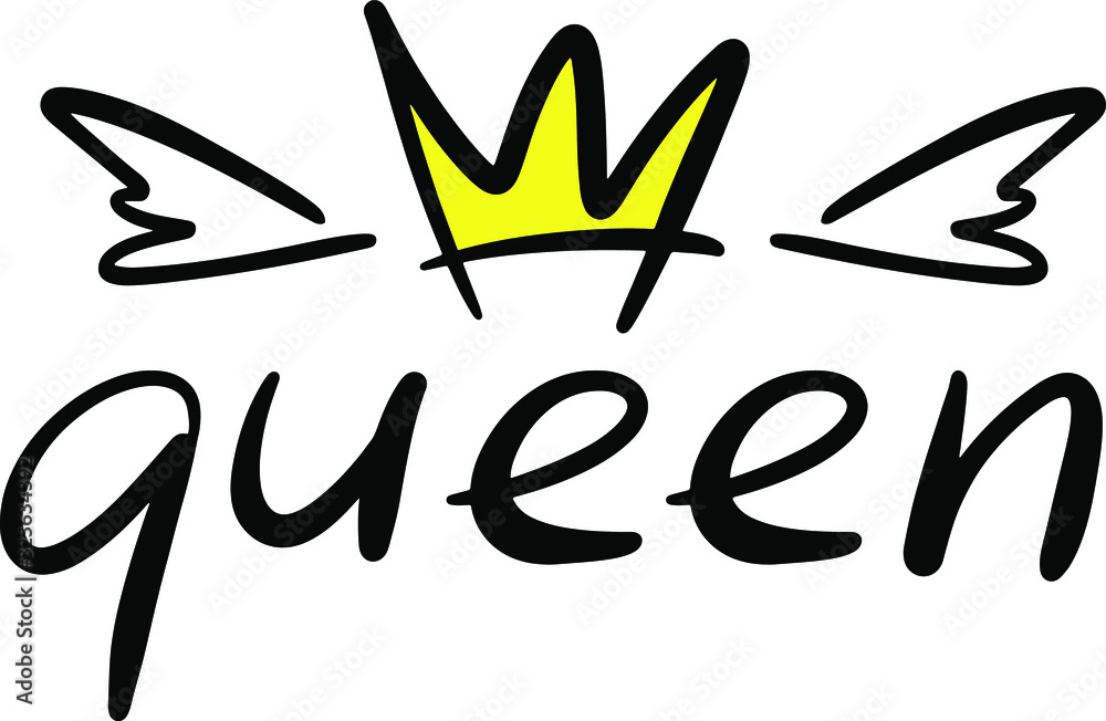 word Queen in modern lettering style, handwritten, with yellow Princess ...
