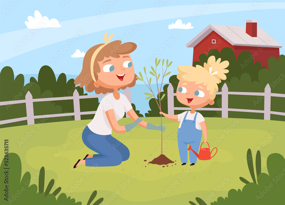 Adults help planting. Kids with parents planting tree eco environment ...
